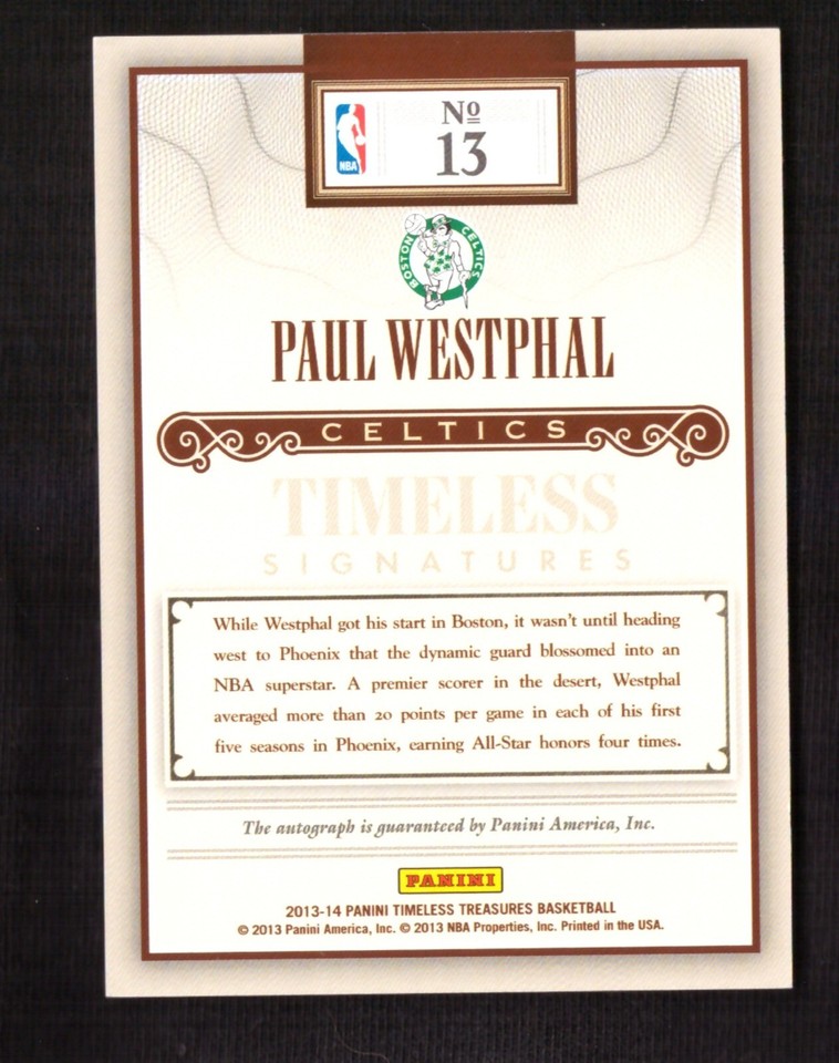 2013-14 Panini Timeless Treasures Paul Westphal Timeless Signatures ...
