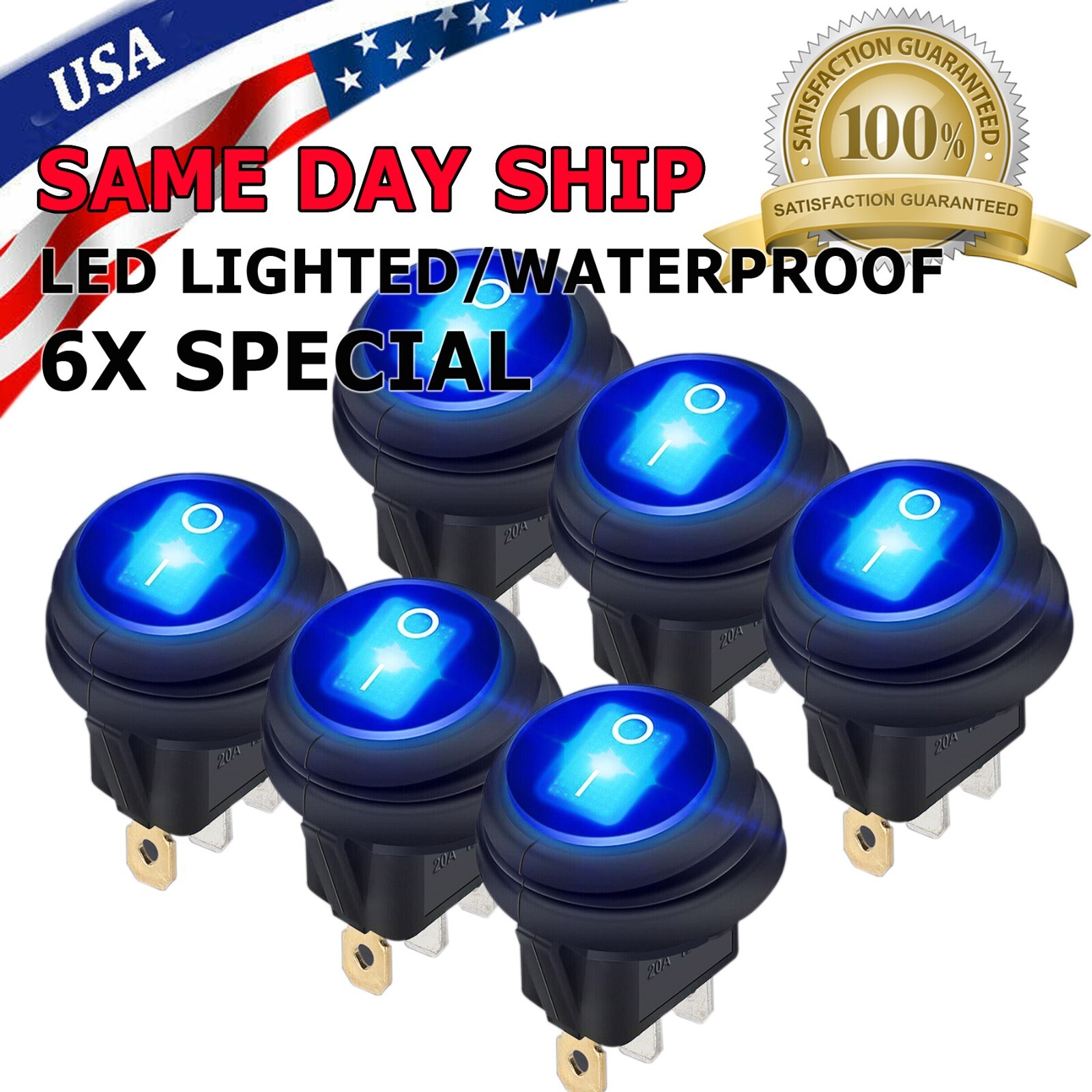 6X M1 Blue LED Light 12V 20A Car Auto Boat Round Rocker WATERPROOF ...