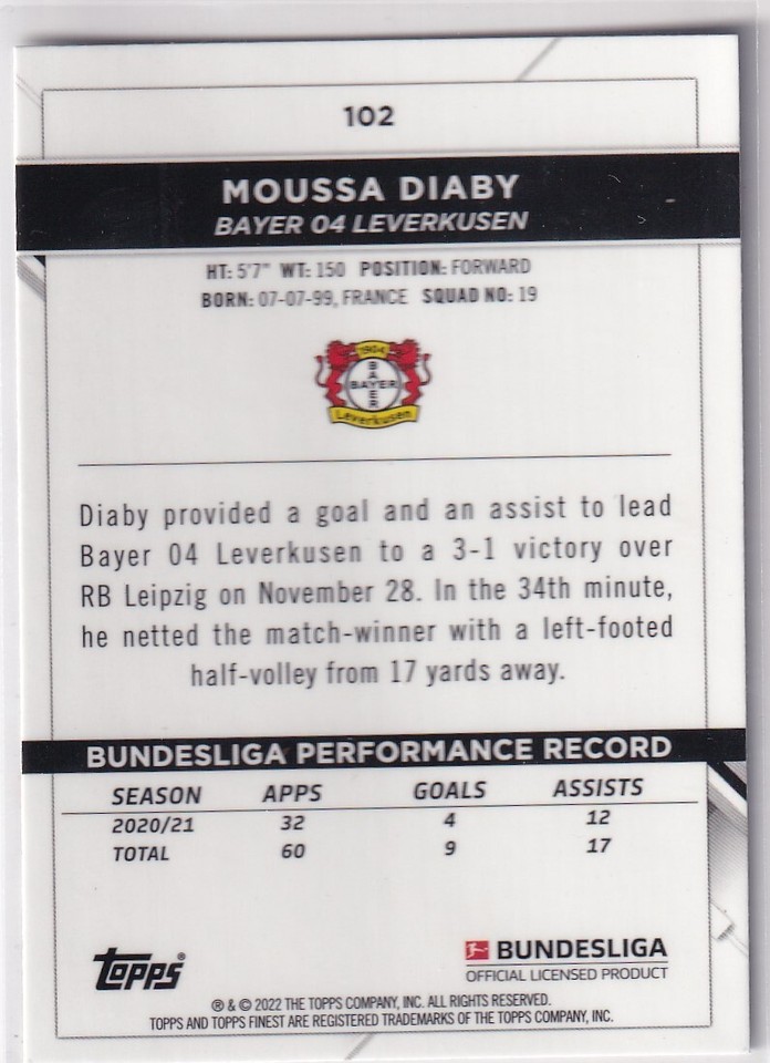 Topps Finest Bundesliga 2022 Football Card No. 102 Moussa Diaby | eBay