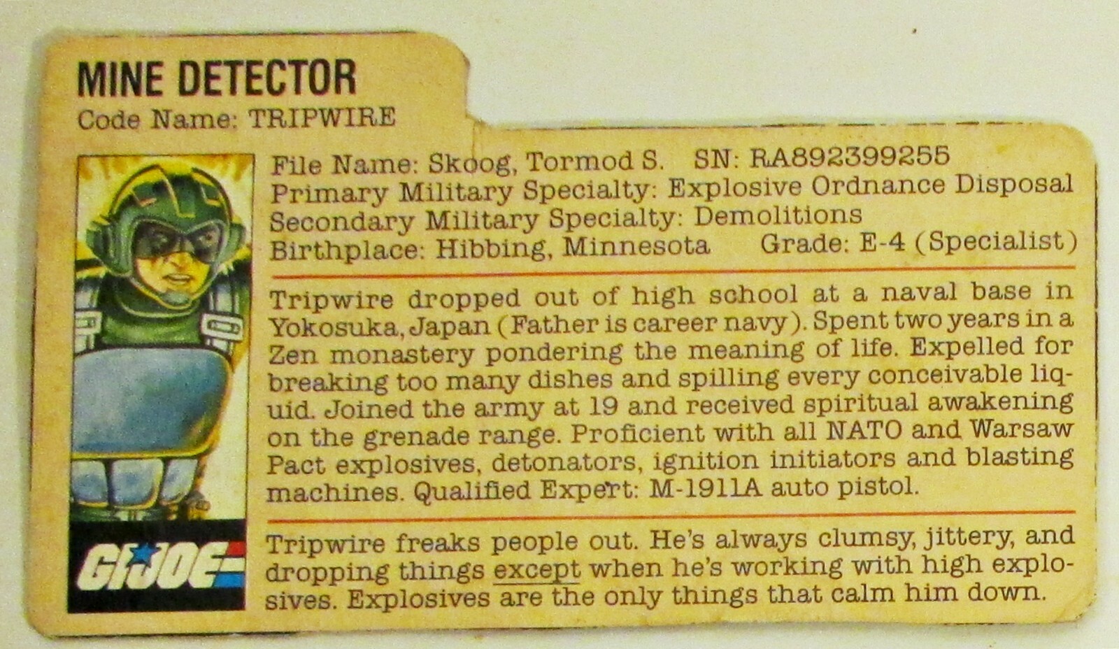 VINTAGE GI JOE FILE CARD MINE DETECTOR TRIPWIRE V1 GOOD COND SEE DESC ...