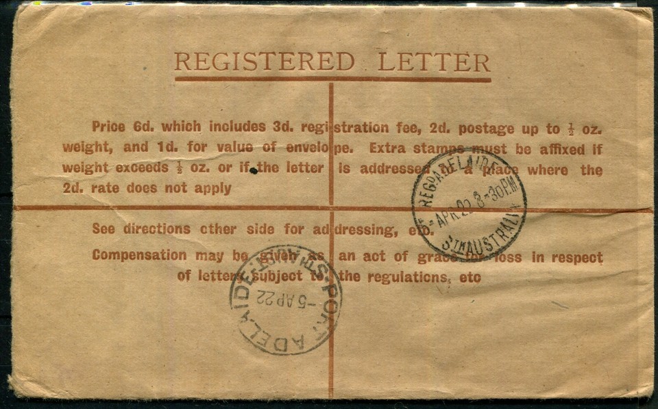 Australia 1922 (Apr.5), KGV 5d Registration Envelope Setting 3 on Cowan ...
