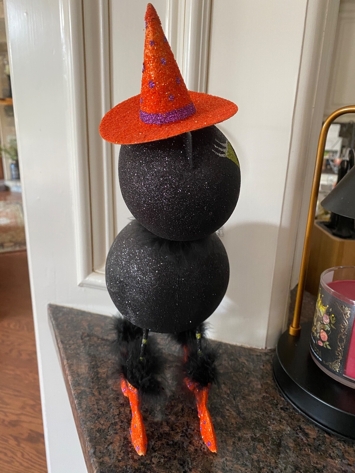 Pier 1 Halloween Black Cat Decor w/ Bat hanging from Tail Orange Hat 12 ...