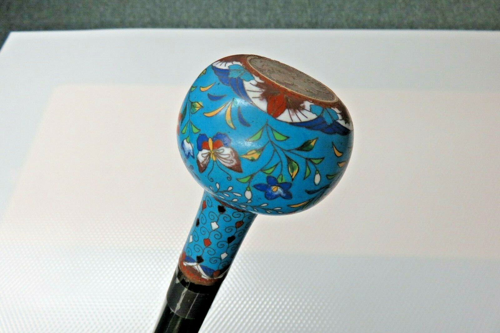 Antique Cloisonné Ball Handled Cane American Silver Dollar Inlaid on ...