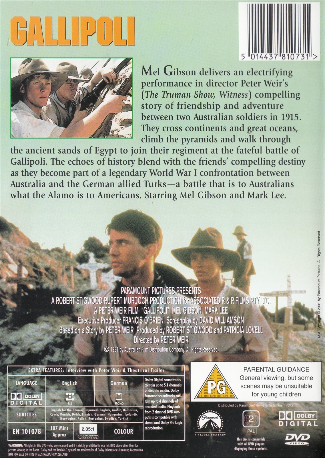 Gallipoli - Mel Gibson, Peter Weir - NEW Region 2 DVD - Picture 2 of 2