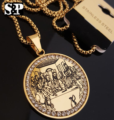 Gold Stainless Steel Jesus Last Supper CZ Pendant & 24" Round Box Chain ...