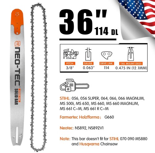 36'' Chainsaw Guide Bar 3/8" 0.063" 114DL SawChain For Farmertec ...