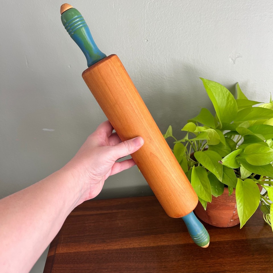 Vintage Munising Maple Wooden Rolling Pin Painted Handles Farmhouse ...
