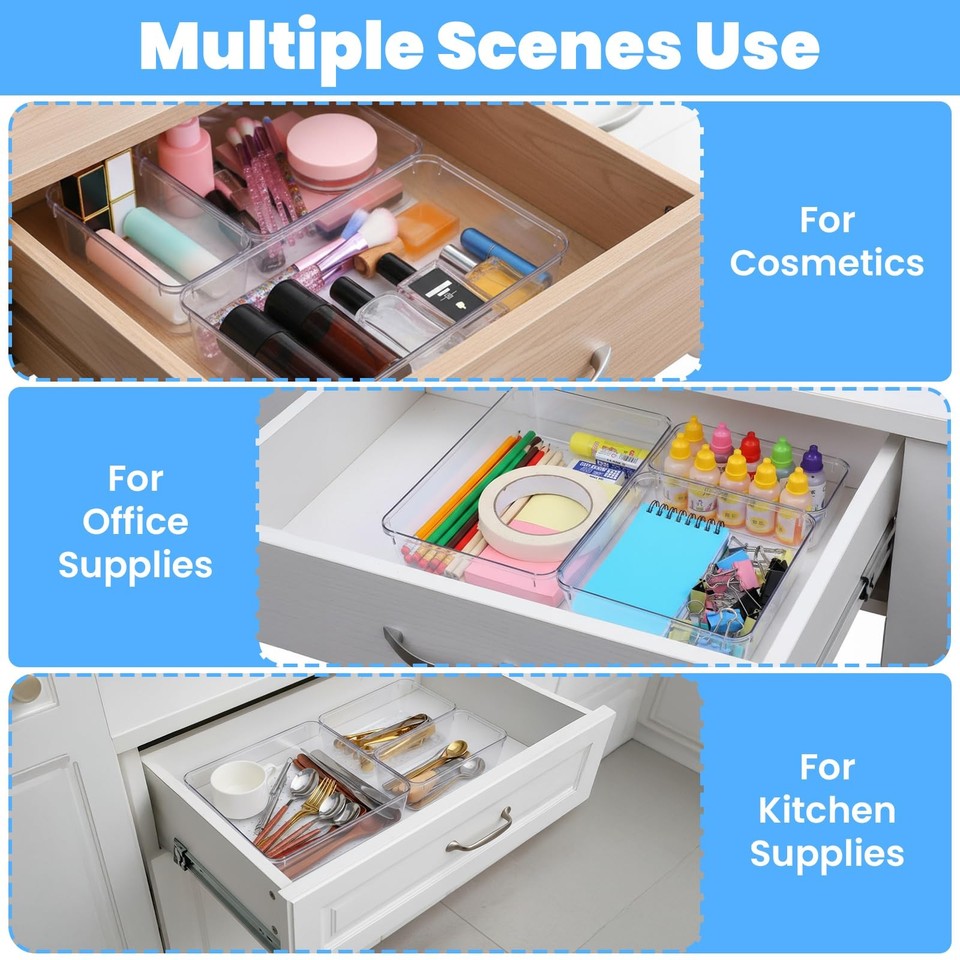 12 Pack Drawer Organizer - 3 Sizes, Clear Plastic Kitchen Drawer ...