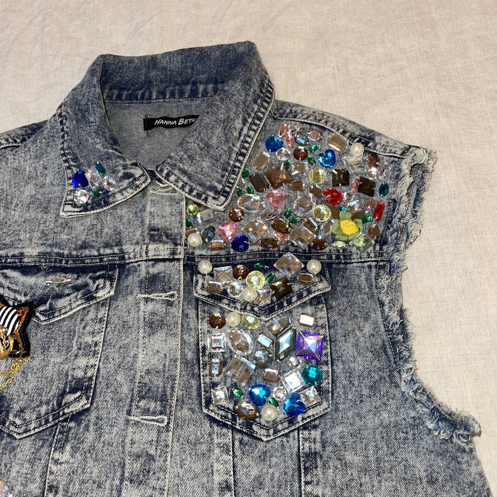 Retro Denim Vest Hanna Beth Super Blinged Rhinestone Vintage Style Lg ...