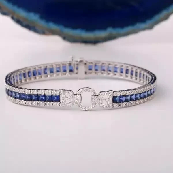 12ct Lab Created Princess Sapphire & Diamond 14K Gold Plated 925 Tennis ...