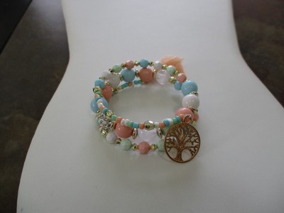 Gold Tree, Peach Tassel Charms Multi color Beads Memory Wire Bracelet ...