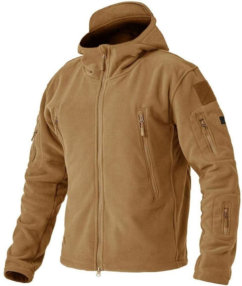 Men's Tactical Fleece Jacket Full-Zip Up Outdoor Windproof Hooded Warm ...