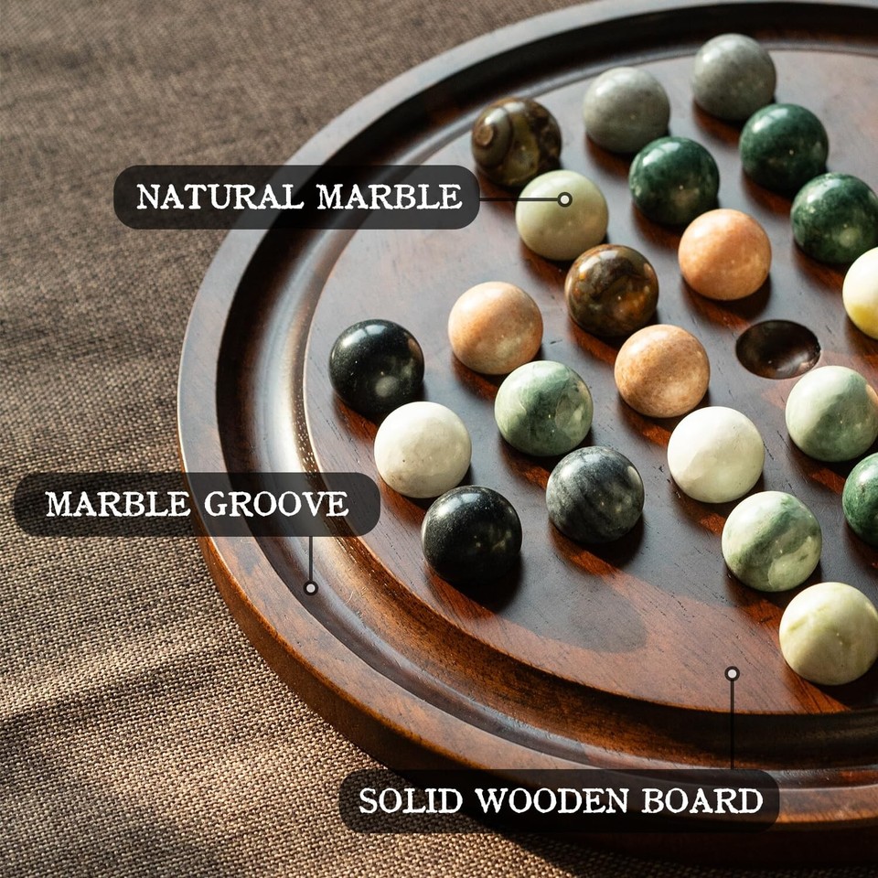 Deluxe Solitaire Game Set: 12.6'' Solid Wooden Board, 32 Natural Marble ...