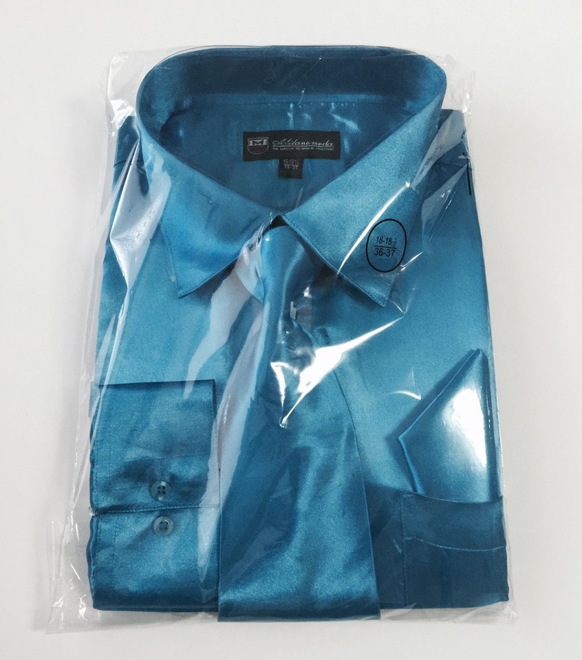 Men's Shiny Satin Polyester Formal Dress Shirt w/ Tie and Hanky Set #08 ...