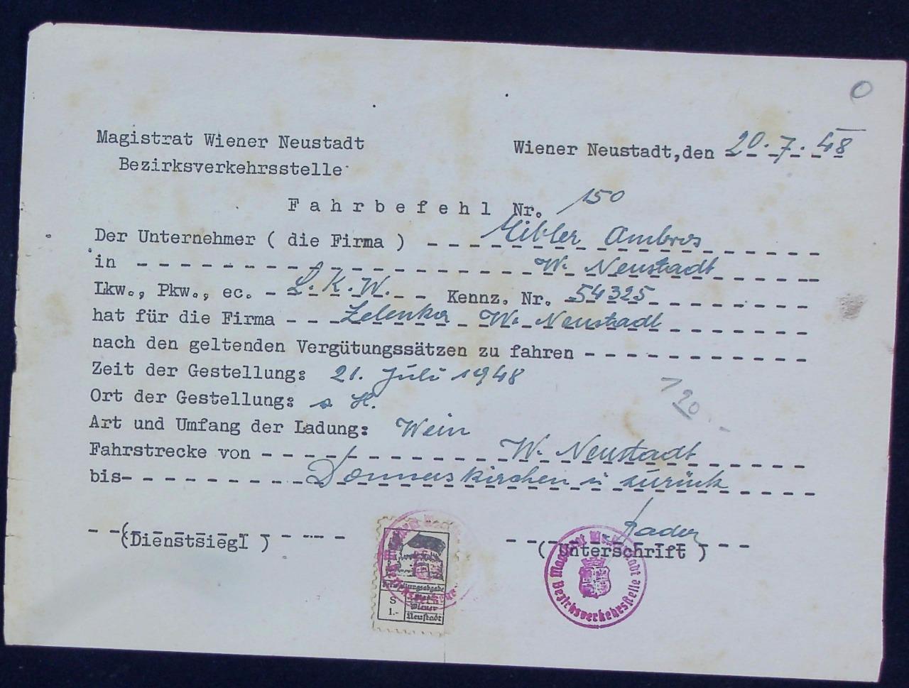 Austria document local revenue Wiener Neustadt 1948 Stempelmarke fiscal ...