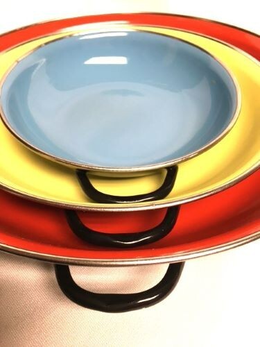 3 pc Enamel Saute Pan Set Emo Celje Yugoslavia Red Yellow Blue Mid ...