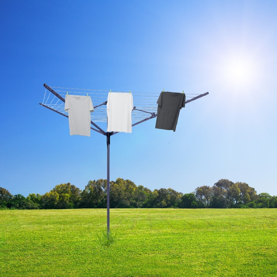 Strong 4 Arm 50m Outdoor Rotary Airer Free Ground Spike & Cover Washing ...