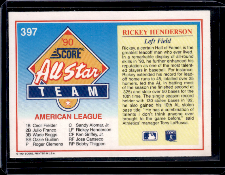 1991 Score All Star Rickey Henderson #397 Oakland Athletics Big Head ...