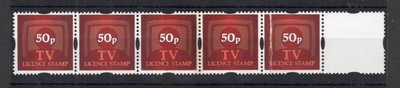 50p TV LICENCE STAMP UNMOUNTED MINT STRIP + PAPER JOIN PRINTING ERROR ...