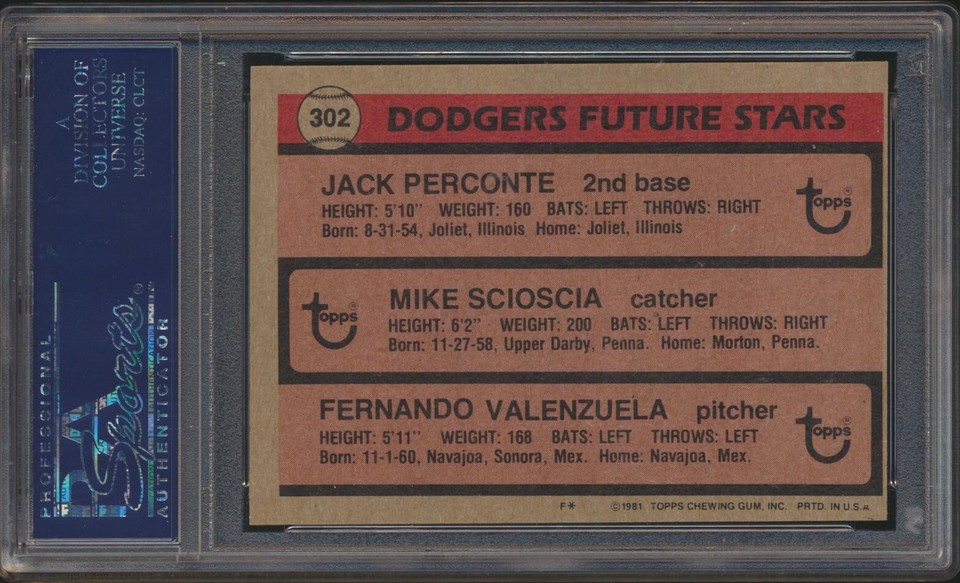 1981 Topps Fernando Valenzuela #302 RC Dodgers Rookie PSA 9 MINT DEAD ...