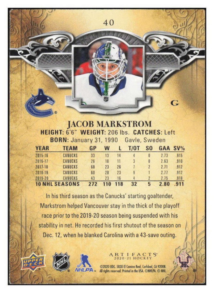 JACOB MARKSTROM 2020-21 Upper Deck Artifacts #40 NHL Canucks ID:80799 ...