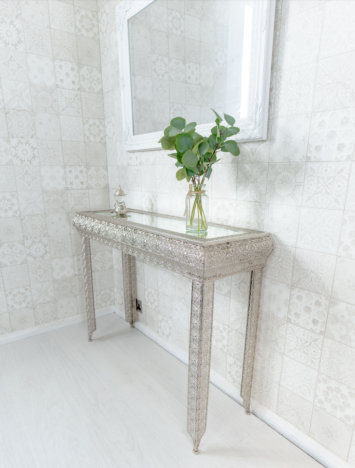 Silver Embossed Metal Glass Moroccan Style Console Table (GZ420) | eBay UK