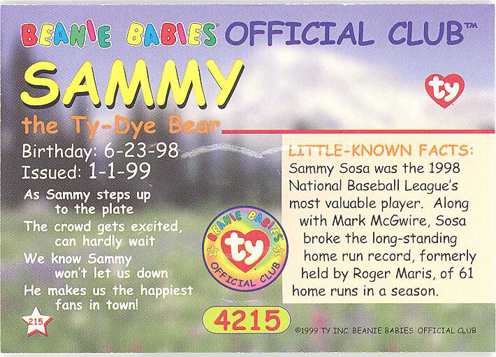 TY Beanie Babies BBOC Card - Series 2 Common - SAMMY the Ty-Dye Bear ...