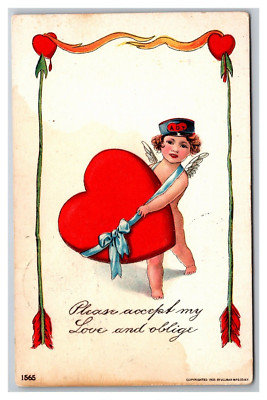 1909 Antique Valentine Postcard Lady Cupid In Hat with Heart Undivided ...