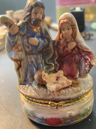Nativity Scene Porcelain Trinket Box Mary Joseph Baby Jesus Religious ...