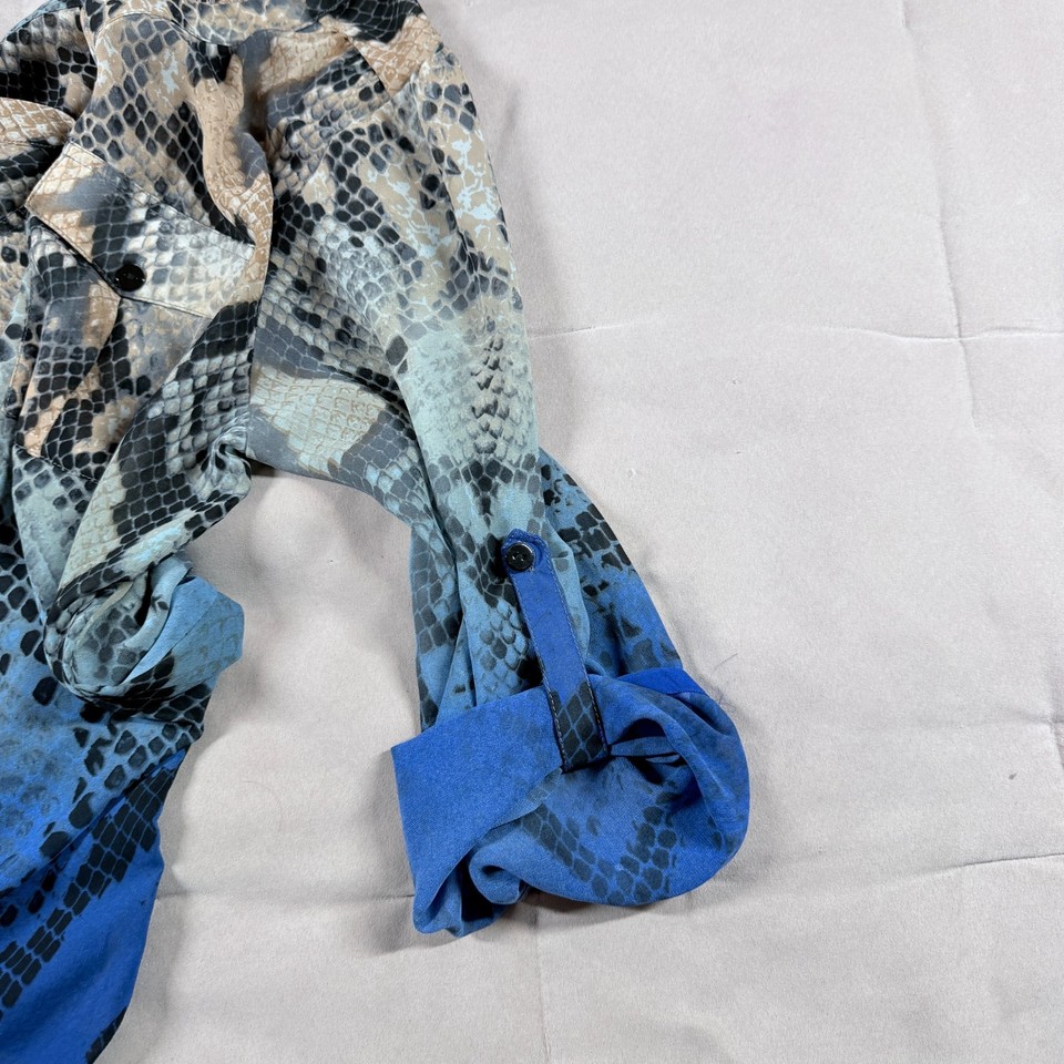 Sienna Rose Womens Long Sleeve Roll Tab Button Up Blue Snake Print Top ...