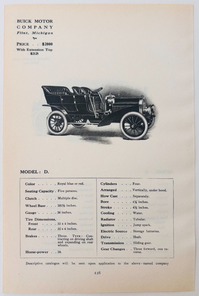 1908 Buick Motor Company Model D Print Catalog Advertisement ...