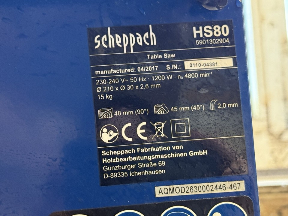 Scheppach HS80 Table Saw Bench Top 8" 210mm Circular Saw 45° Tilt ...