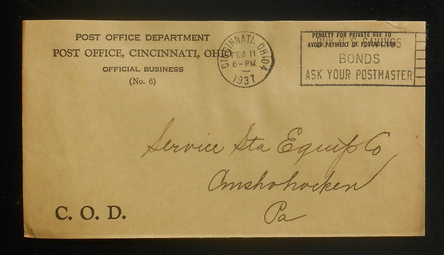 1937 POSTAL HISTORY Post Office Official Business C. O. D. Cincinnati ...