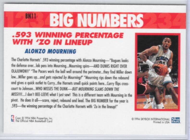 1994-95 NBA Hoops Big Numbers Alonzo Mourning Charlotte Hornets #BN11 ...