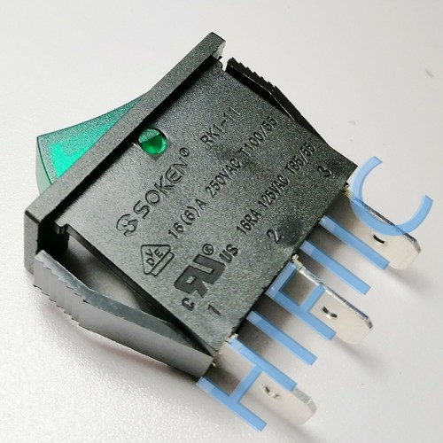 SOKEN RK1-11 Rocker Switch Green Lamp 16A 125/250VAC 3 Pins 2 Positions ...
