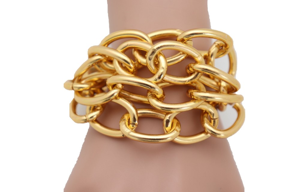 Women Gold Color Metal Chain Thick Links 4 Strand Wrist Bracelet ...