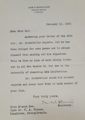 JOHN D. ROCKEFELLER - NESTER WILBUR DAVIS SIGNED AUTOGRAPH REQUEST ...