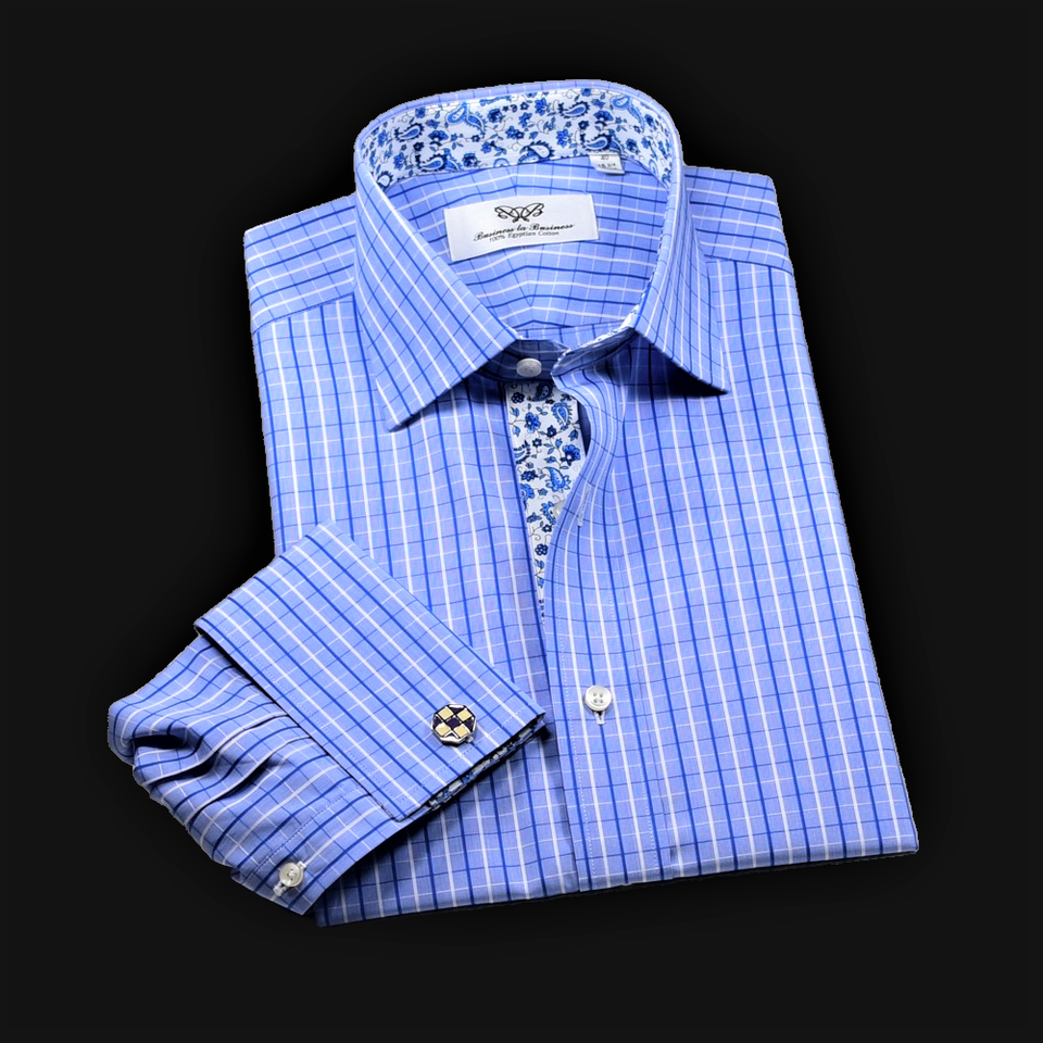 Blue Check Formal Business Shirt With Blue Paisley Inner Lining Top ...
