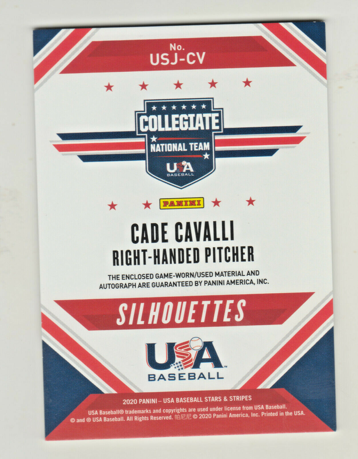 2020 Stars & Stripes SILHOUETTES AUTO RELIC USJ-CV CADE CAVALLI RC ...