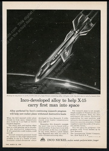 1959 NASA X-15 rocket plane art Inco Nickel vintage print ad | eBay