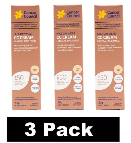 3x Cancer Council Face Day Wear CC Cream mineral zinc oxide SPF50 Light ...