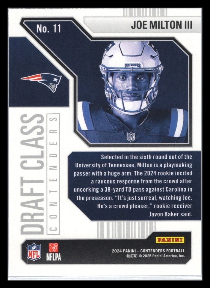 2024 Contenders #11 Joe Milton III Draft Class RC New England Patriots ...