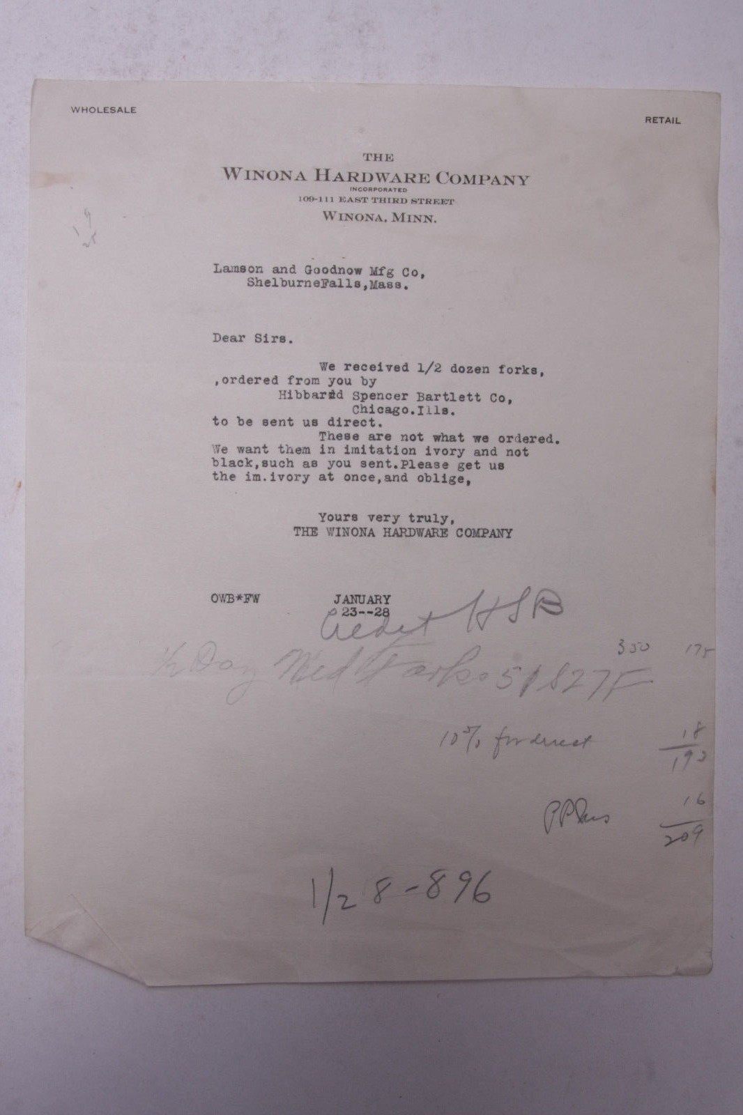 1928 Lamson Goodnow Winona Hardware Co Winona MN Letter Ephemera L938B ...