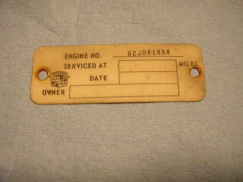 Cadillac Service Tag Oil Change Body Number Plate Engine Biarritz ...