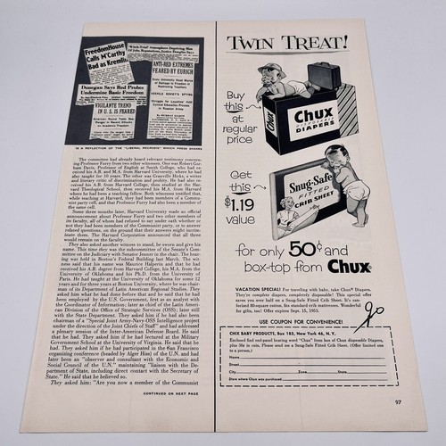 1953 Chux Diapers Print Ad 5.5"x14" crib sheet coupon cute baby ...