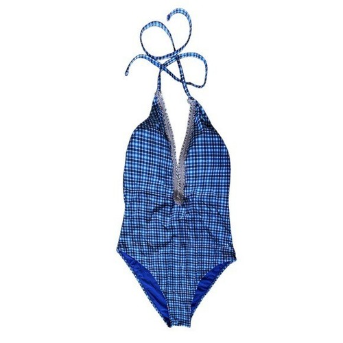 Mermaid Swimwear Plaid Ruffle Bright Blue Halter One Piece Swimsuit ...