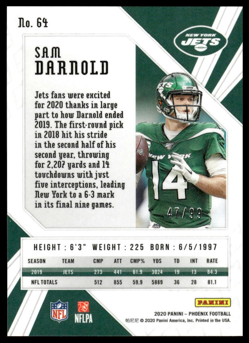 2020 Panini Phoenix #64 Sam Darnold SN Orange #/99 New York Jets | eBay