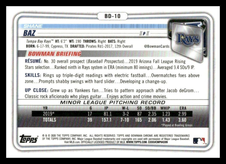 2020 Bowman Draft Sapphire Edition BD-10 Shane Baz Rc Tampa Bay Rays | eBay