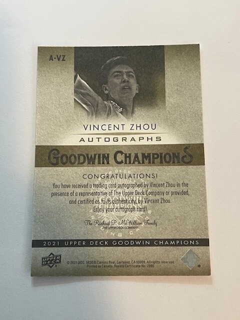 2021 Upper Deck Goodwin Champions Vincent Zhou Autograph Auto #A-VZ | eBay