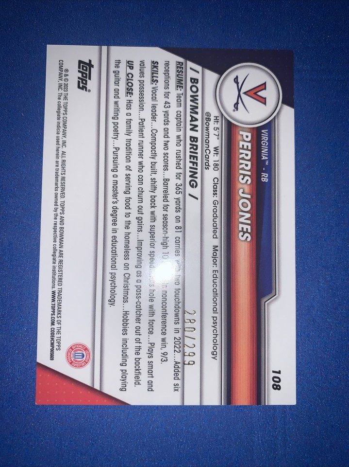 Perris Jones 2023 Bowman Chrome Aqua Refractor RC Virginia Cavaliers ...